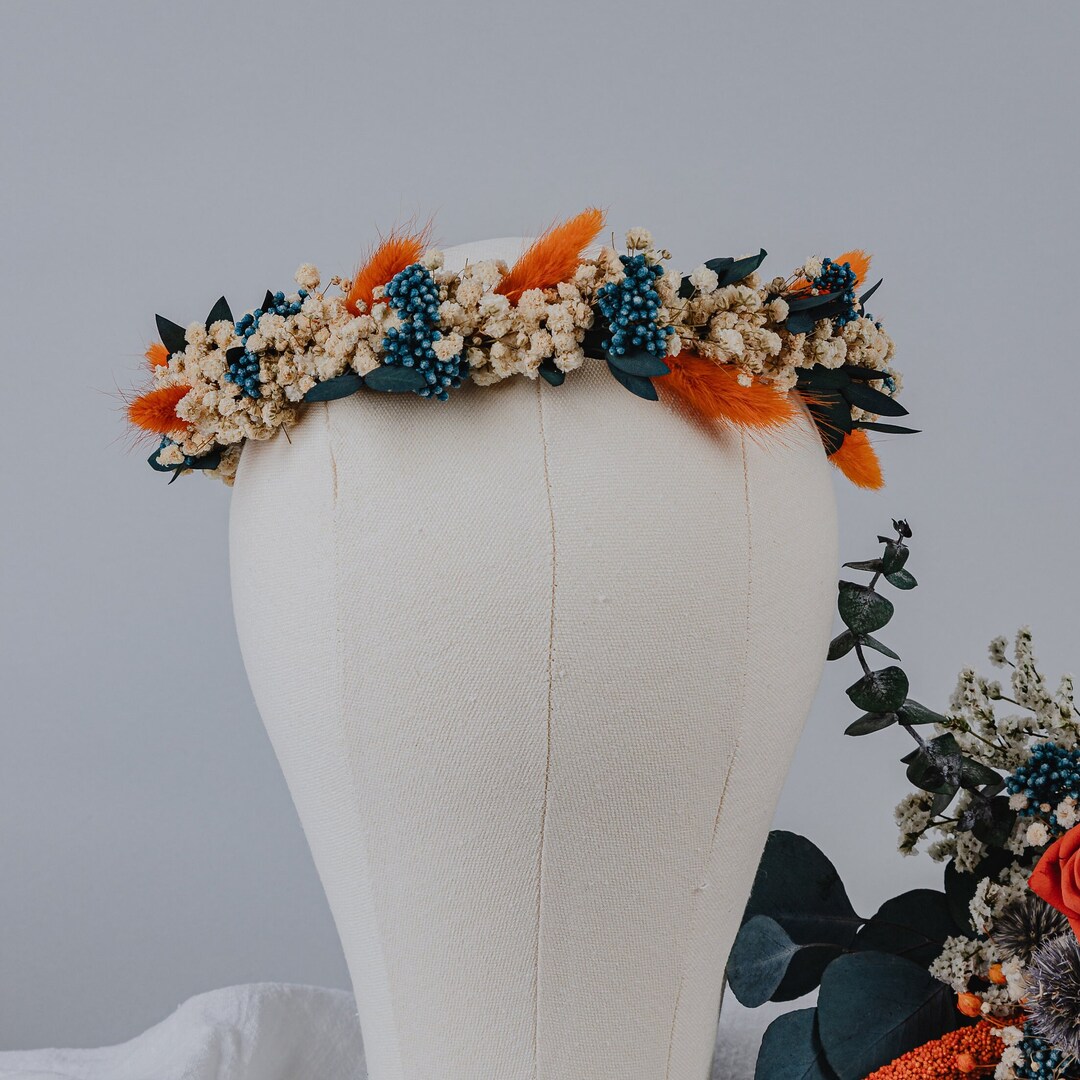 Dried Floral Hair Crown With Orange and Teal Accents/bridal Flowers ...