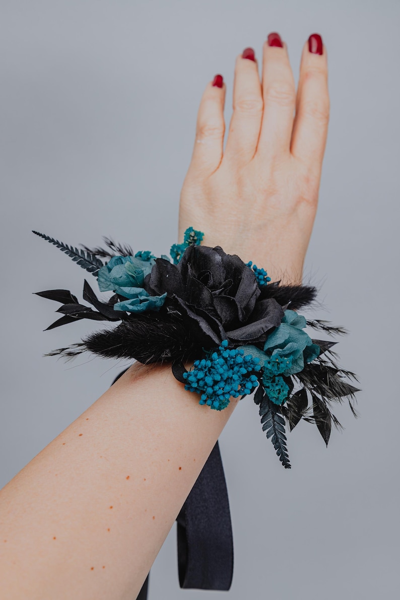 Black Rose Wrist Corsage: Teal Gothic Wedding Flowers, Prom Wristlet - Etsy