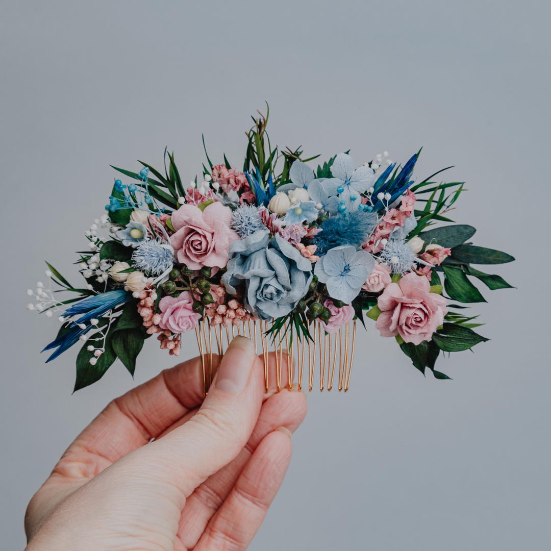 Blush Pink Dusty Blue Bridal Hair Comb/wedding Hairpiece With Flowers ...
