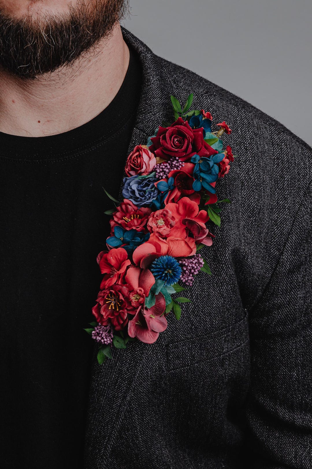 Groom Floral Lapel Piece, Burgundy Teal Boutonniere, Statement ...