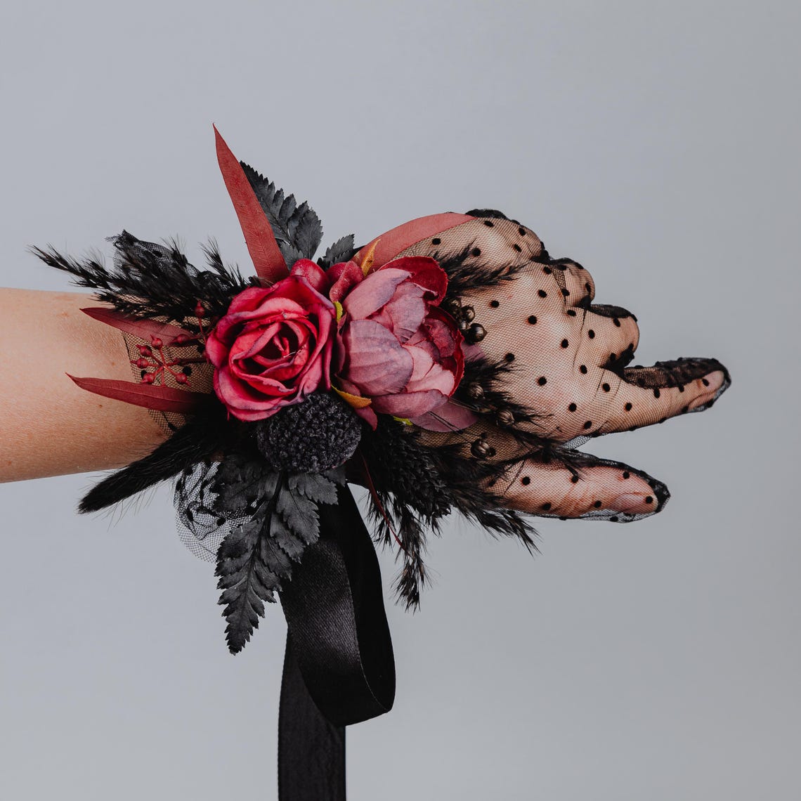 Gothic Wrist Corsage With Black and Burgundy Roses/lace Ribbon/dark ...