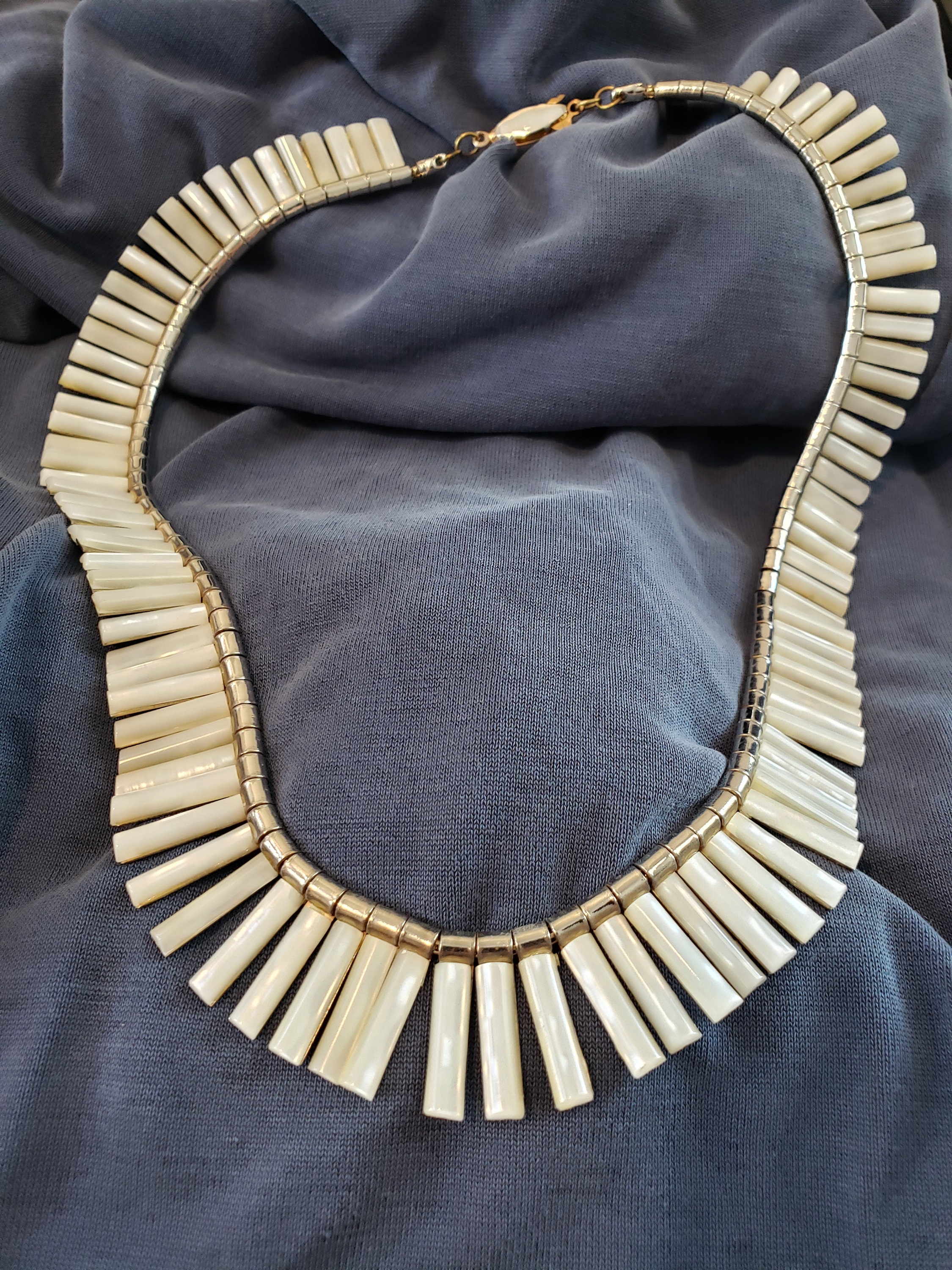 Vintage Mother of Pearl Fringe Necklace Silver Tone Metal Graduated, 16 ...