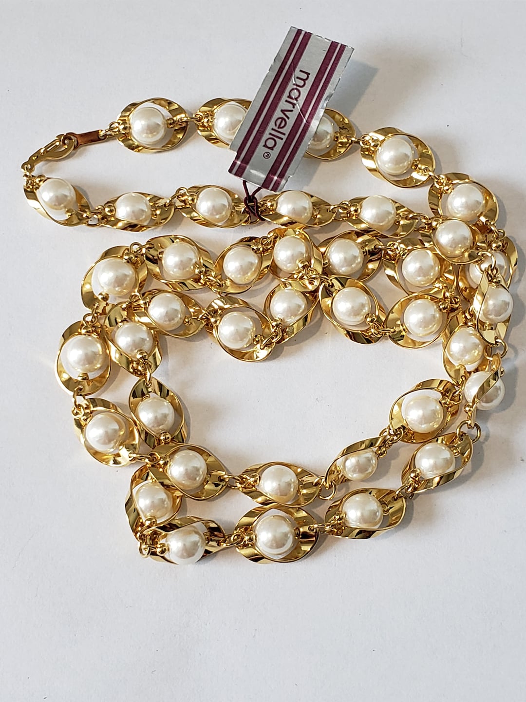 Vintage Marvella Faux Pearl and Gold Tone Metal Necklace 30" Tag - Etsy