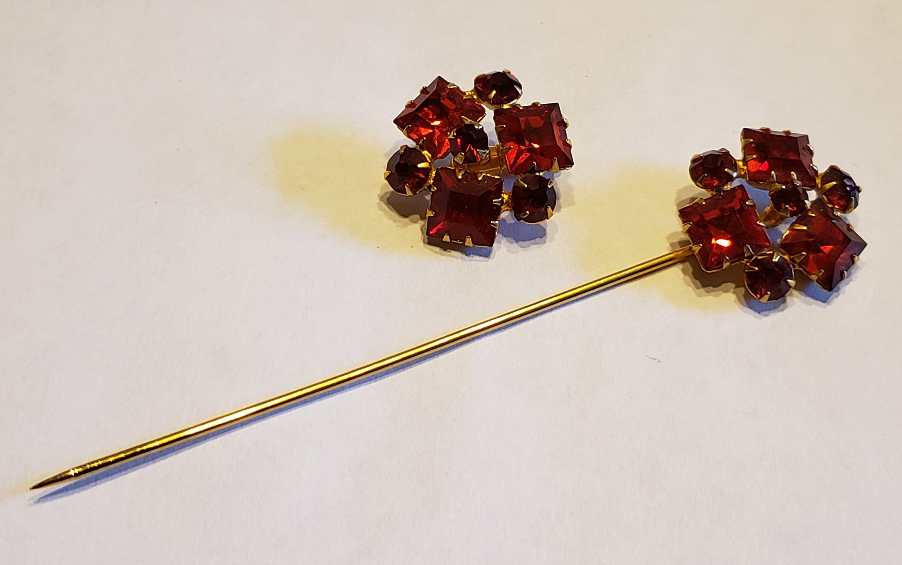 Vintage Czech Red Glass Double Sided Hat Pin Prong Set Gold Tone 4.25 ...