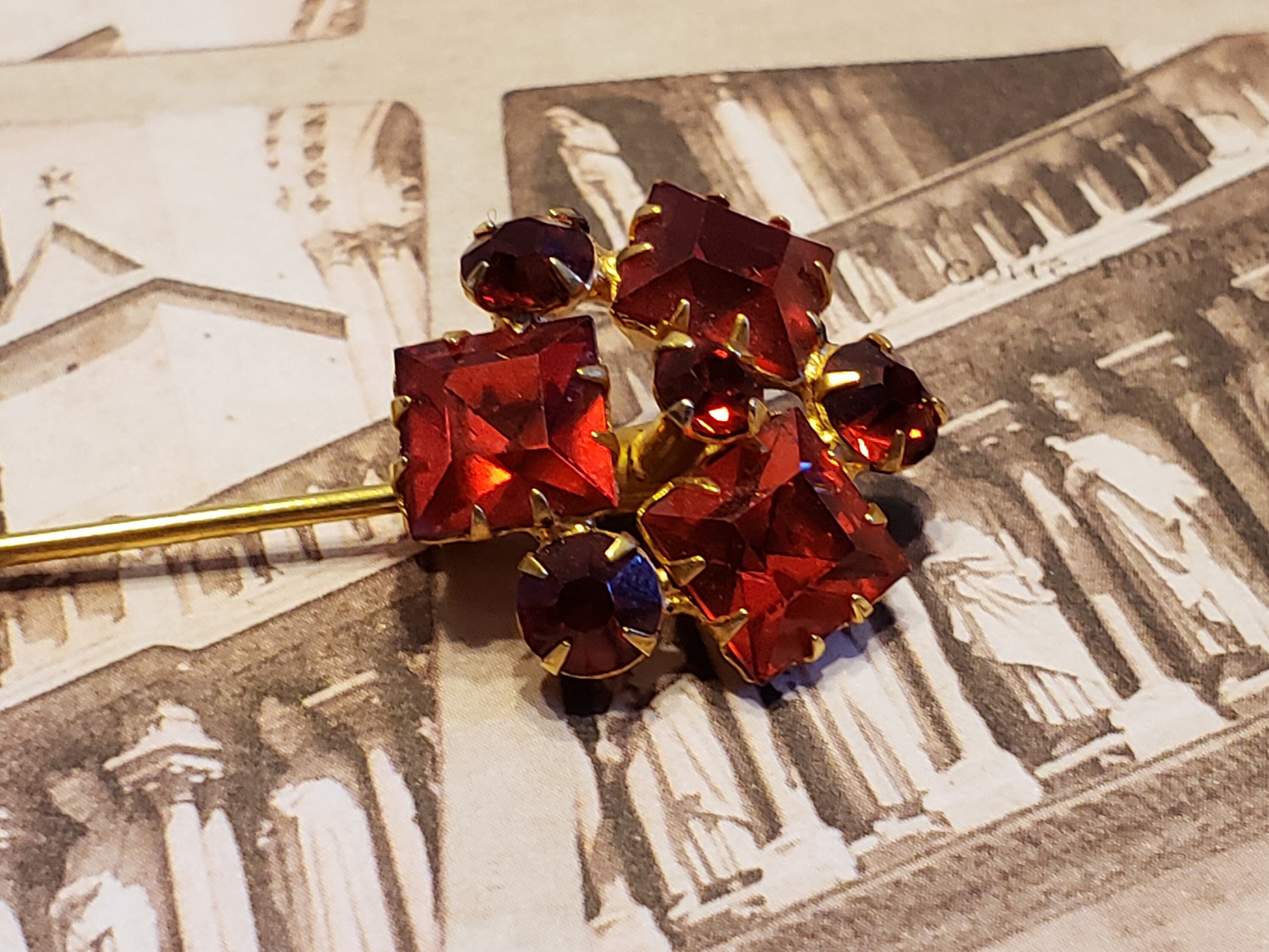 Vintage Czech Red Glass Double Sided Hat Pin Prong Set Gold Tone 4.25 ...