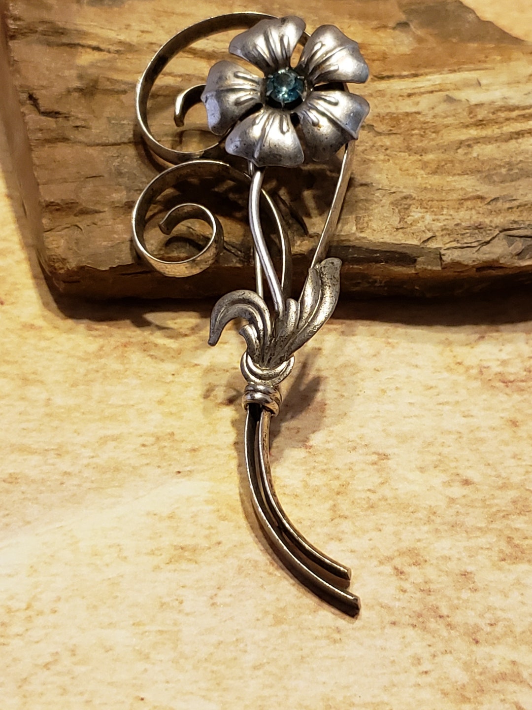 Vintage Sterling Silver Long Stem Flower Brooch Blue Rhinestone Signé ...