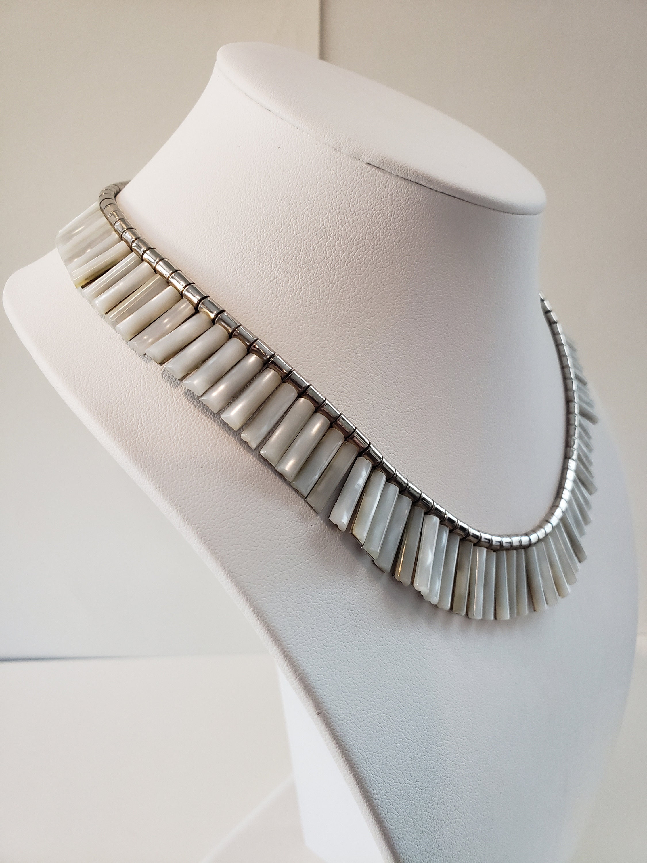 Vintage Mother of Pearl Fringe Necklace Silver Tone Metal Graduated, 16 ...