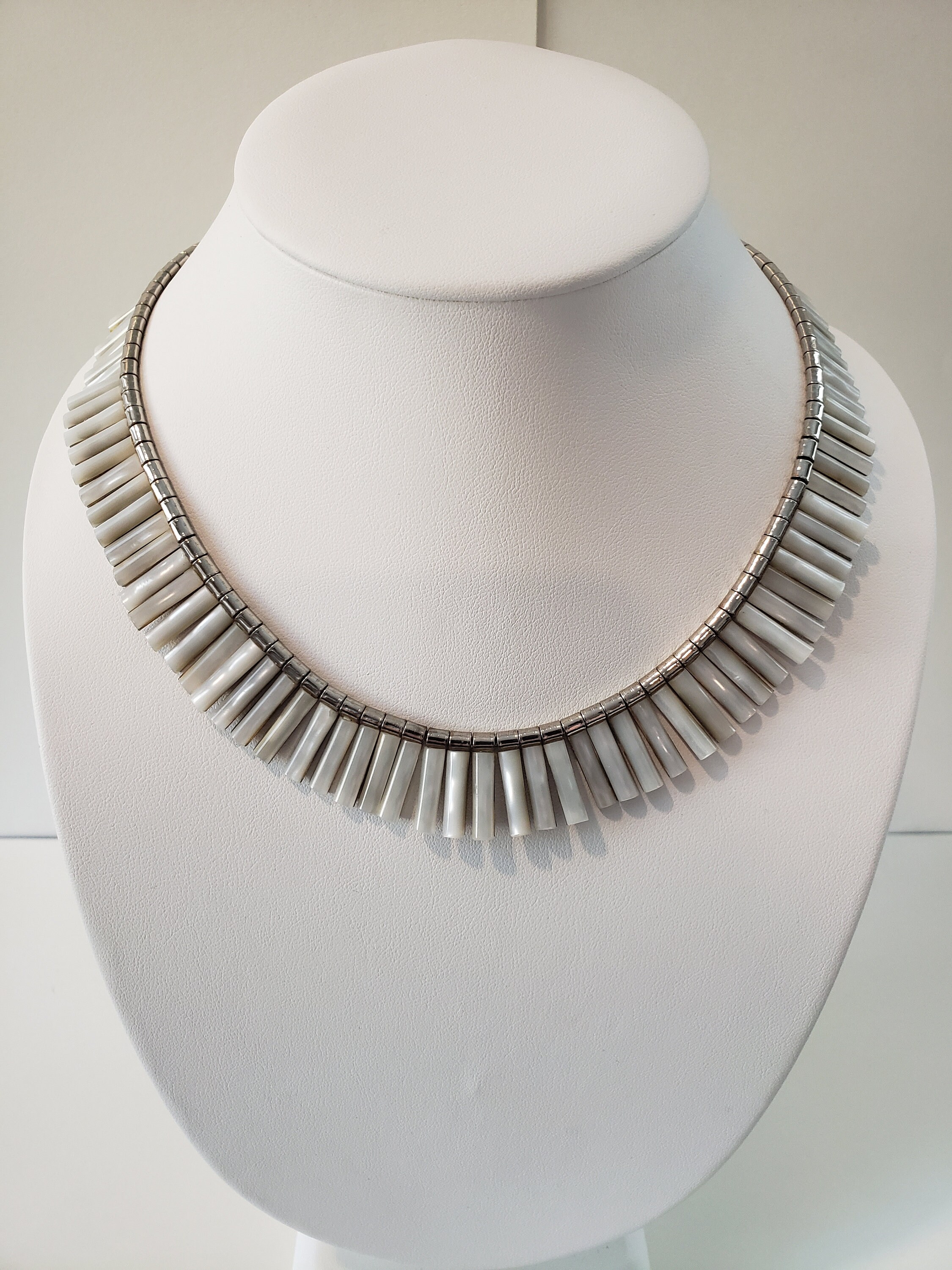 Vintage Mother of Pearl Fringe Necklace Silver Tone Metal Graduated, 16 ...