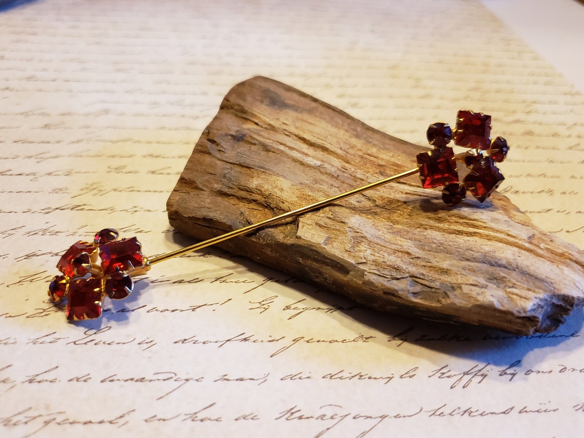 Vintage Czech Red Glass Double Sided Hat Pin Prong Set Gold Tone 4.25 ...