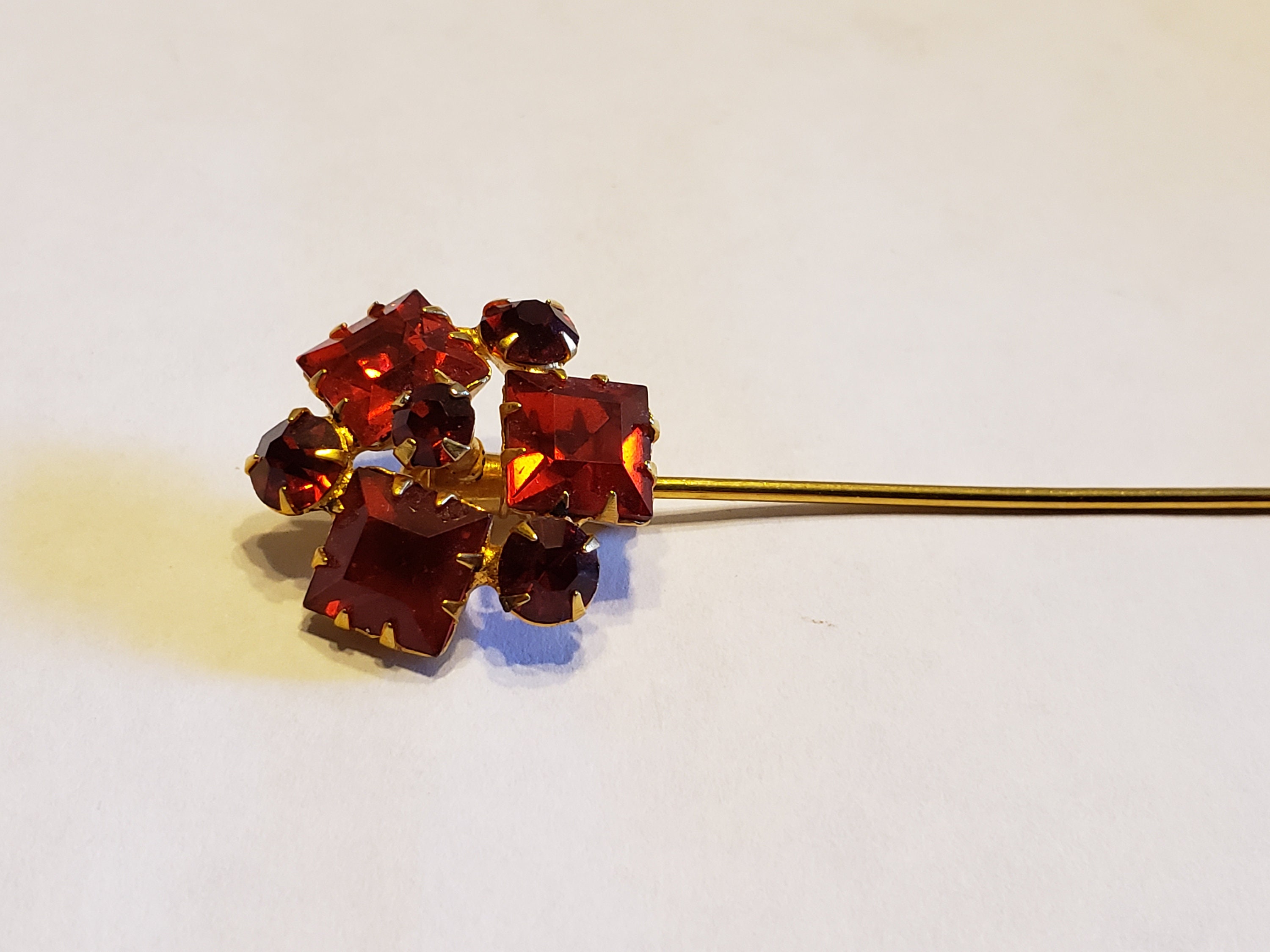 Vintage Czech Red Glass Double Sided Hat Pin Prong Set Gold Tone 4.25 ...