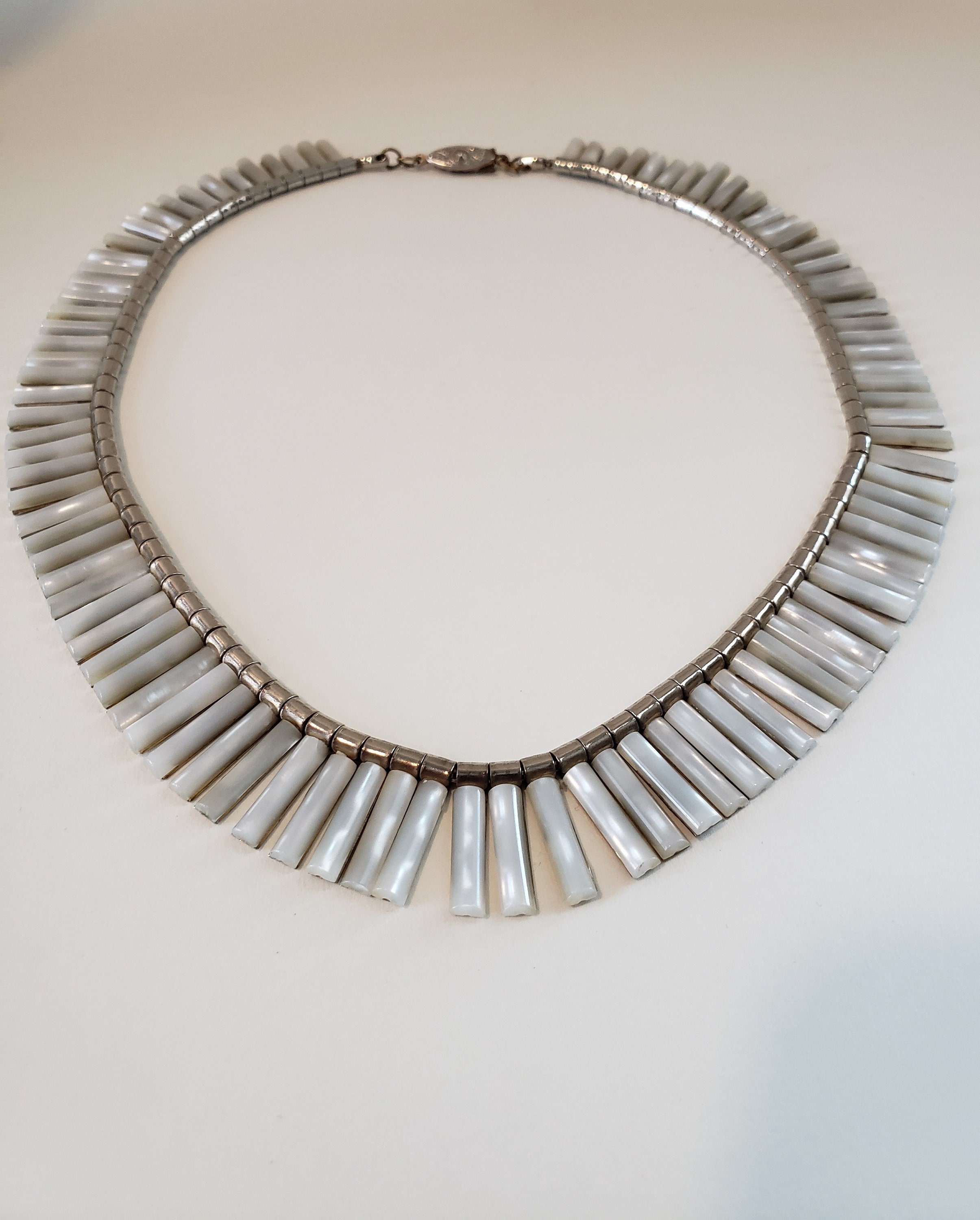 Vintage Mother of Pearl Fringe Necklace Silver Tone Metal Graduated, 16 ...