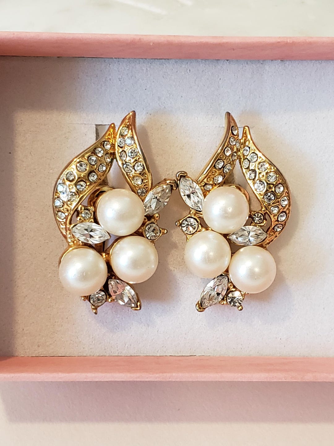 Vintage Pierre Balmain Paris Clip on Earrings Faux Pearl Rhinestones - Etsy