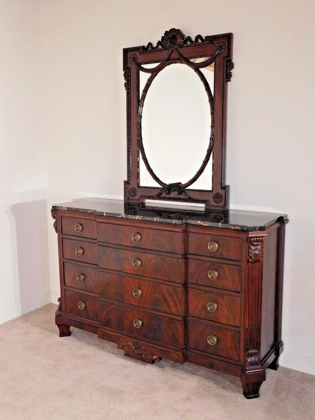 DREXEL Nine Elms EMPIRE Flame Mahogany Marble Top Dresser / Long Chest ...
