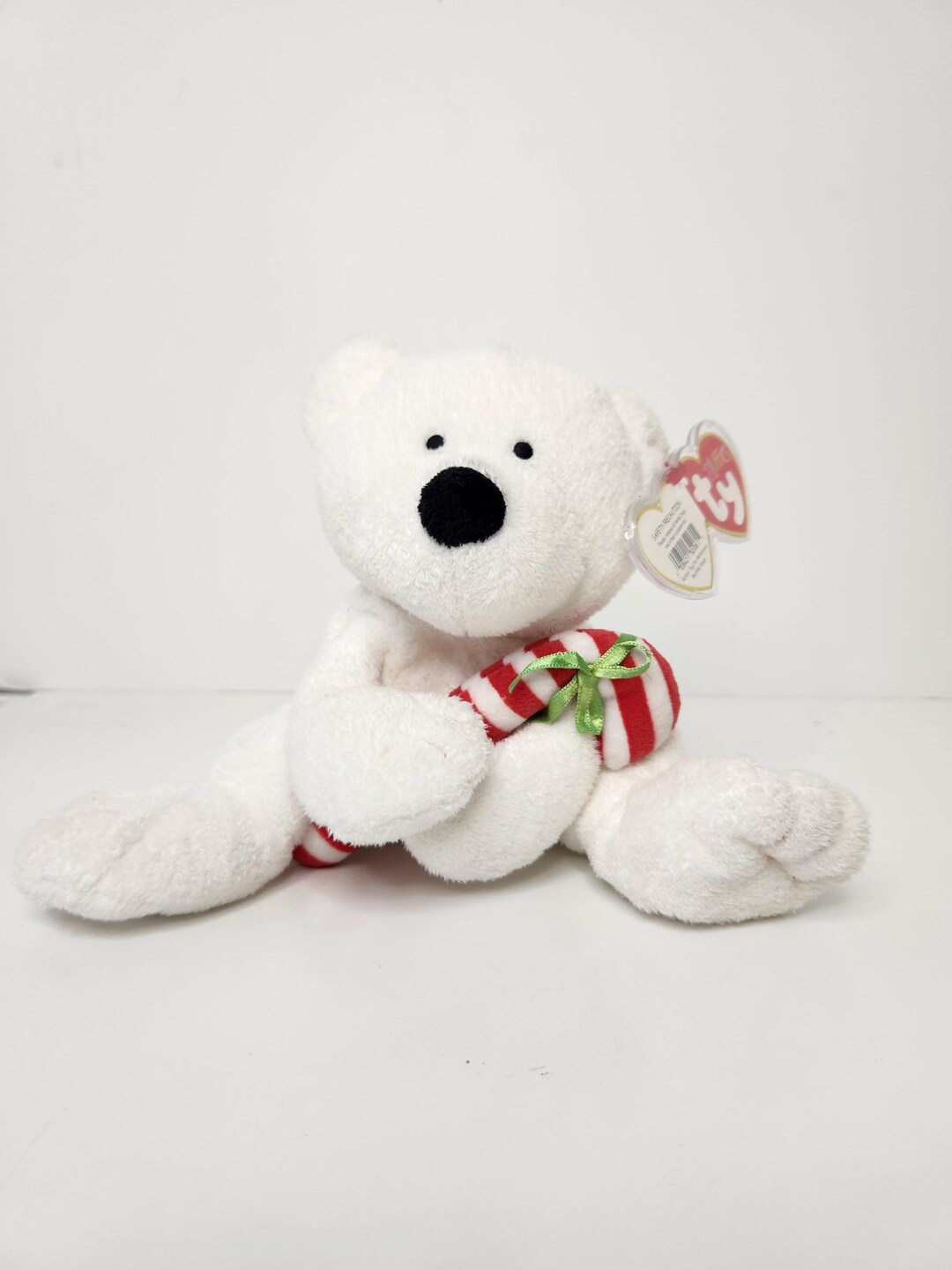 Ty Pluffies Candy Cane Bear White Plush 8" Holding Candy Cane Christmas ...