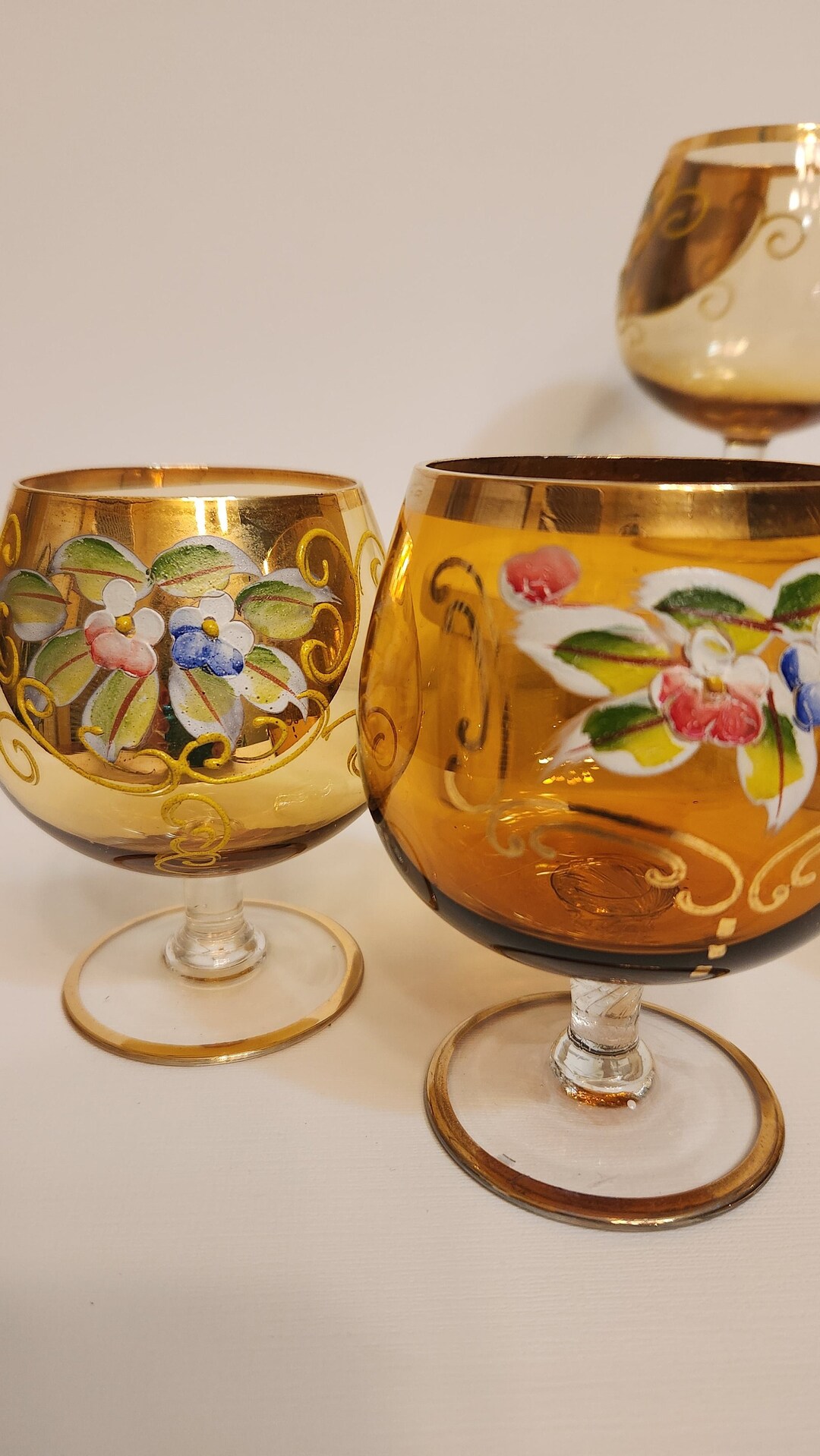 4 Bohemian Glass Brandy Snifter, Vintage Amber Gold Glassware, Hand ...