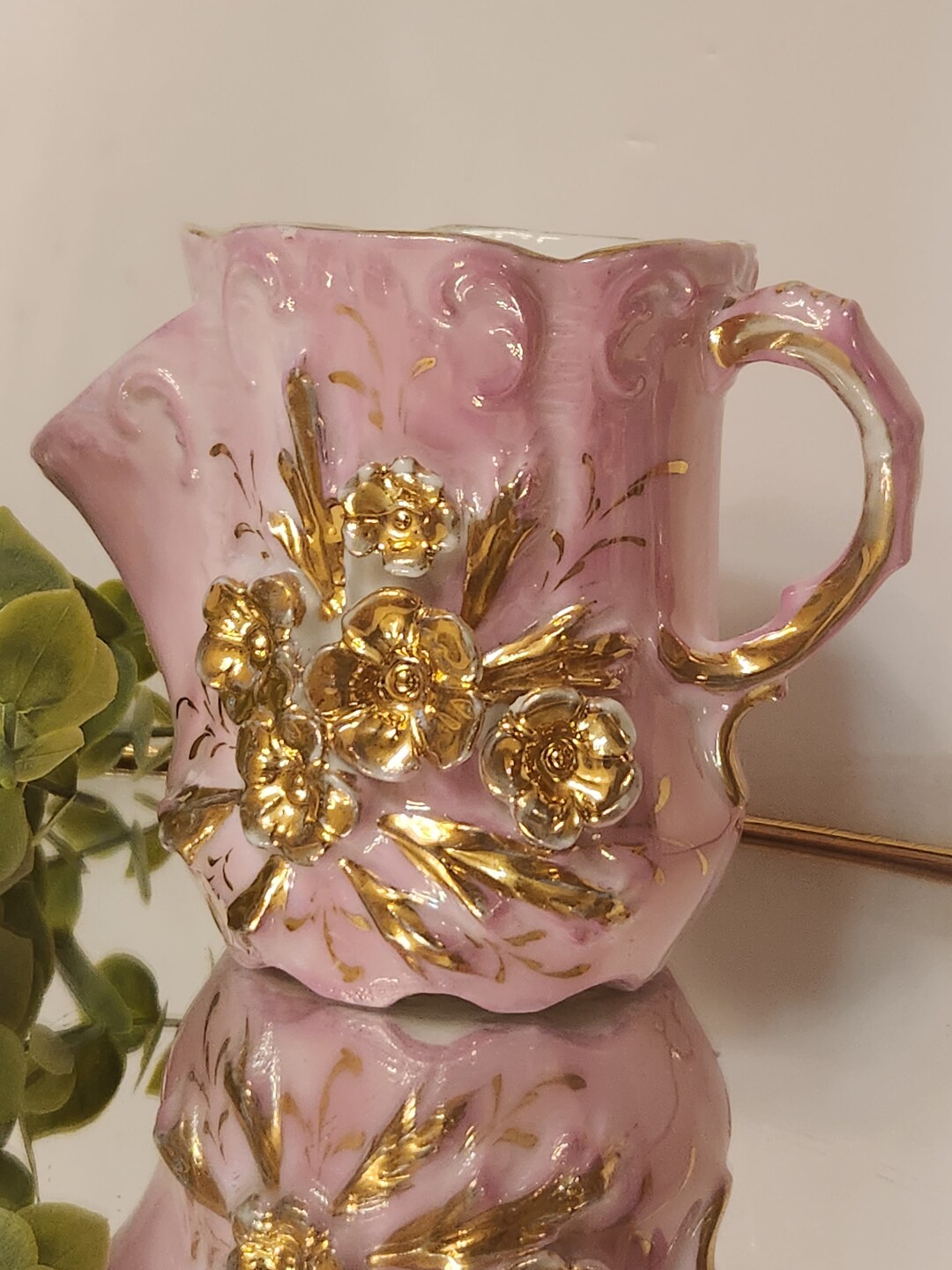 Vintage German Barbotine Pink Lusterware Pitcher / Heavy Embossed Gold ...