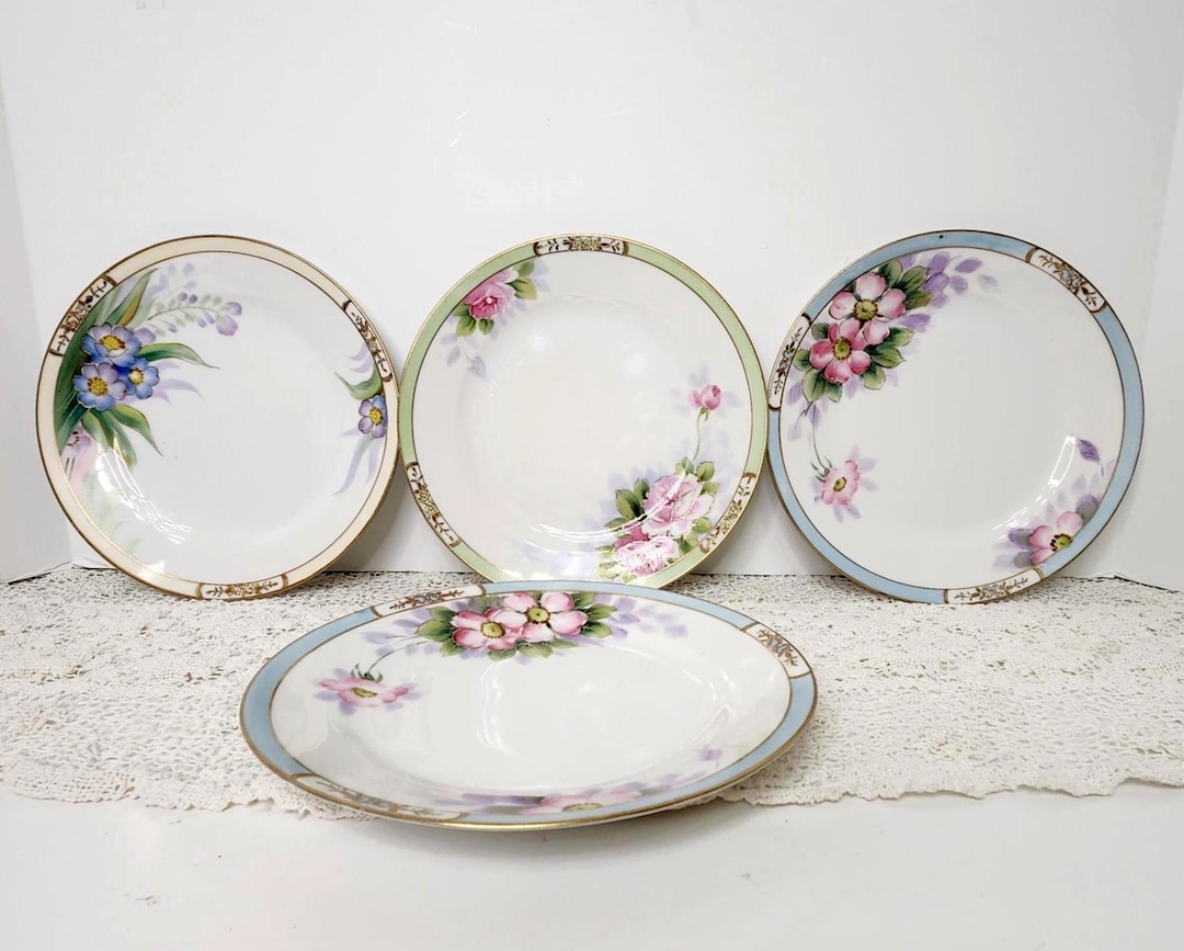Antique Hand Painted Nippon Plates Set - Pink , Mint Green , Blue and ...