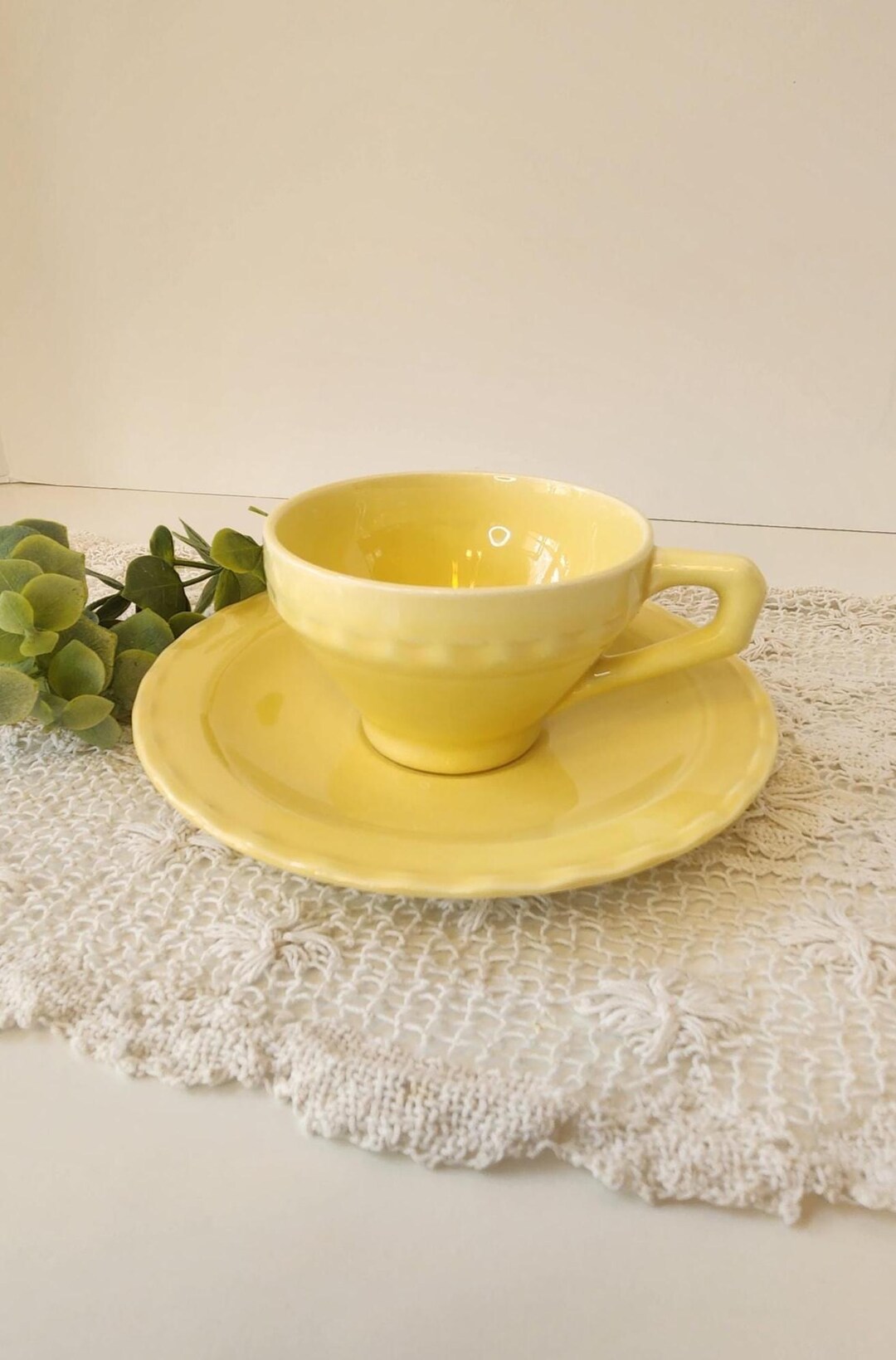 Vintage Coronado Pottery Teacup & Saucer Set: Buttery Yellow, Scalloped ...