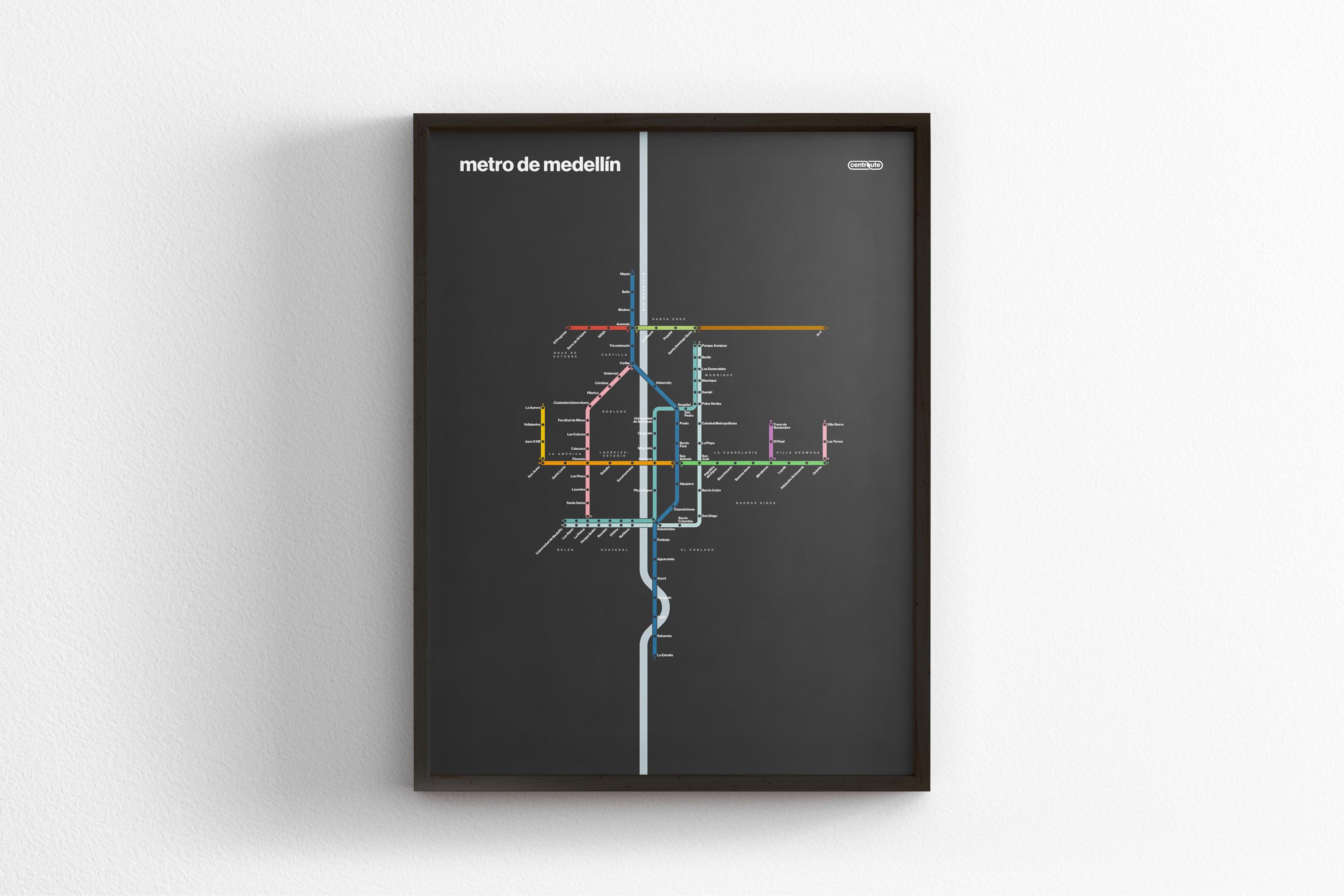 Medellín Metro, Dark Mode Map, Minimal Poster Print, Canvas Home Decor ...