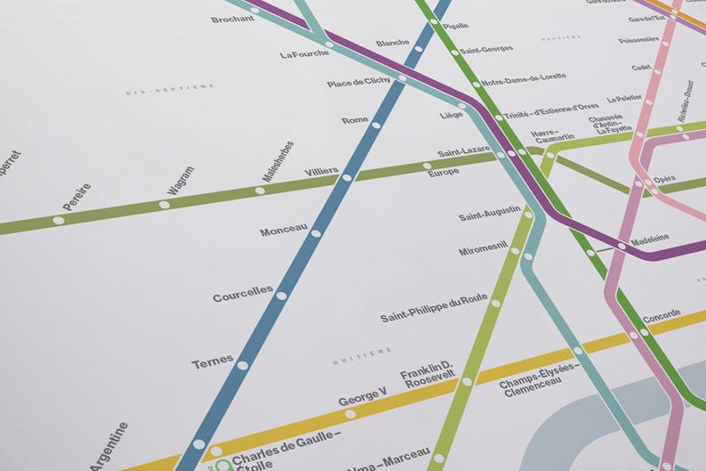 Paris Metro Horizontal Light Mode Map / Minimal Poster Print / Subway ...