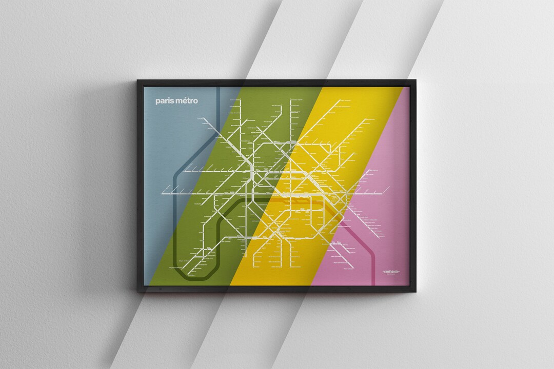 Paris Metro Map Color Mode / White Lines / Minimal Poster Print ...