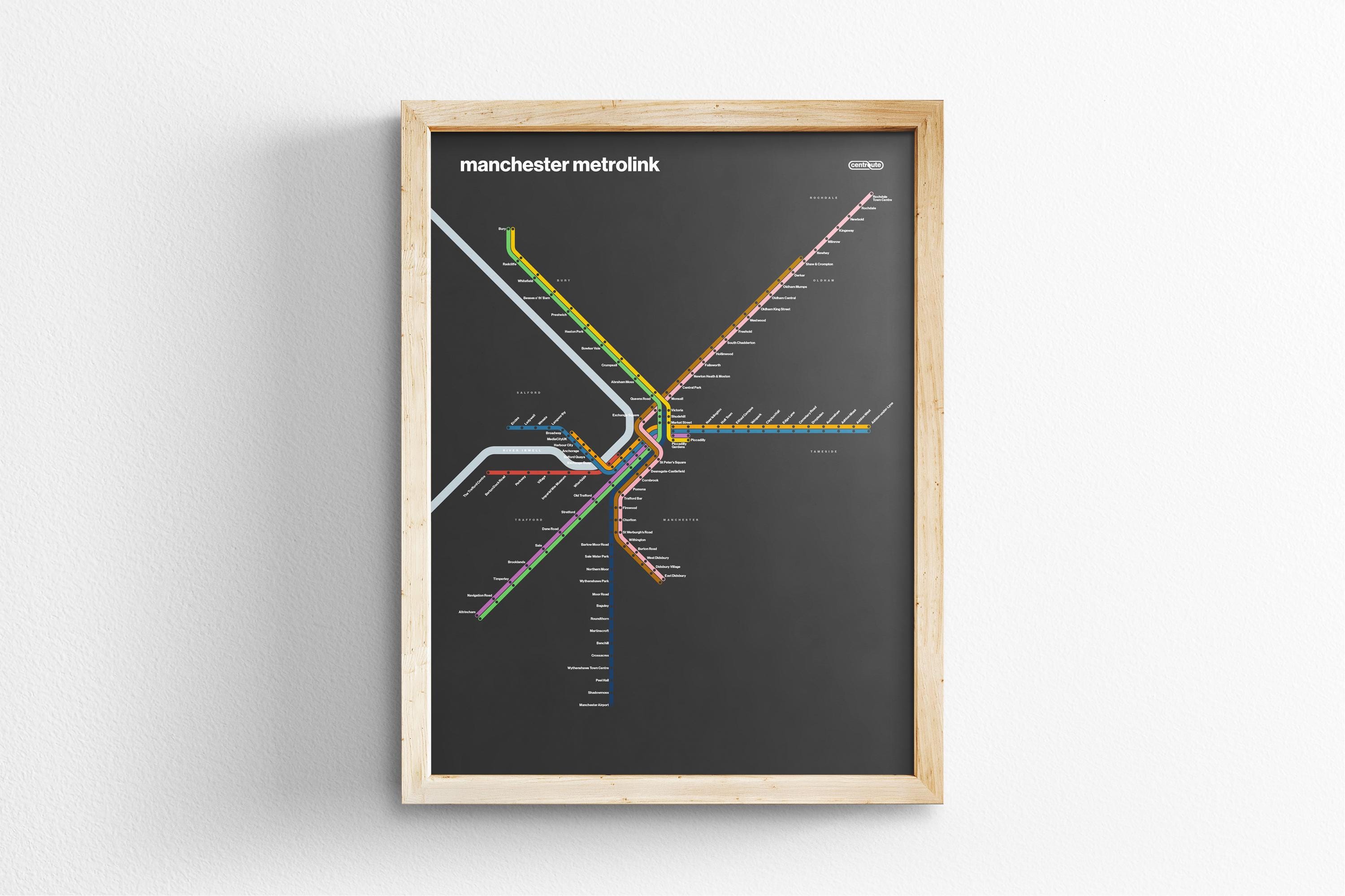 Manchester Metrolink, Dark Mode Map, Minimal Poster Print, Canvas Home ...