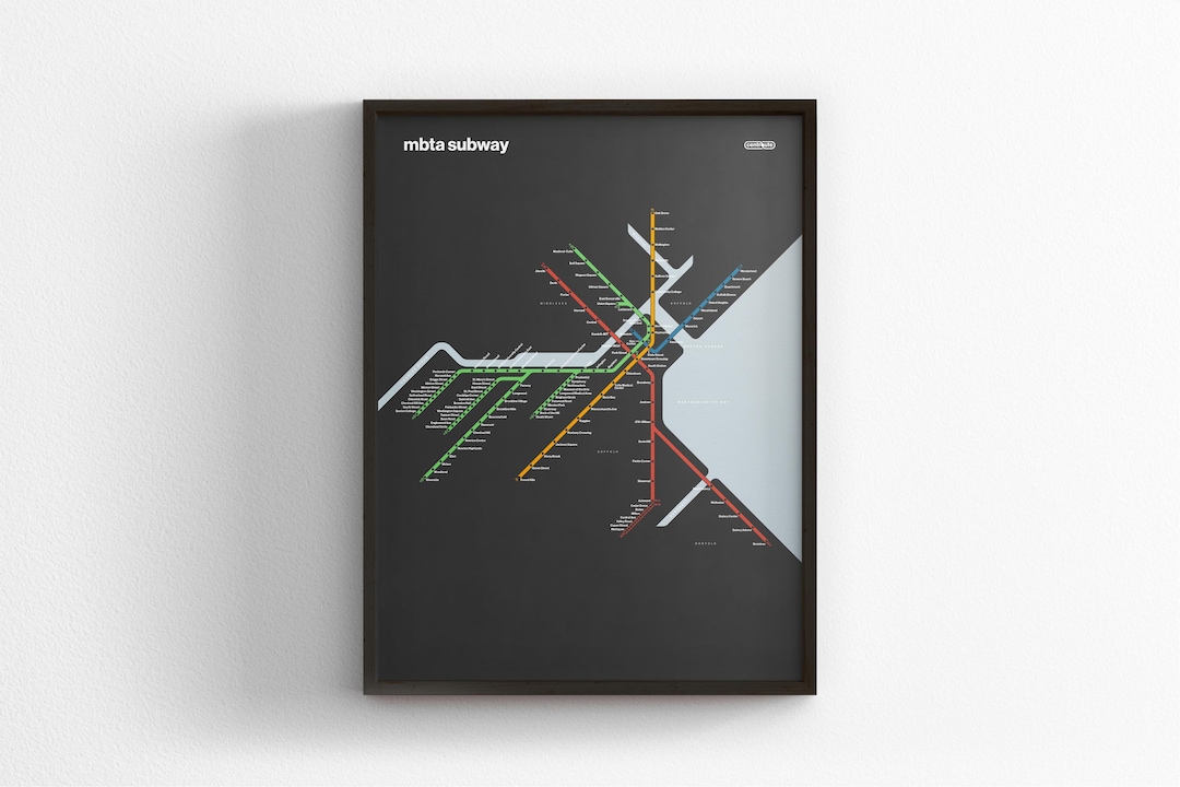 Boston T Rail Map Dark Mode / MBTA / Minimal Poster Print / Subway ...