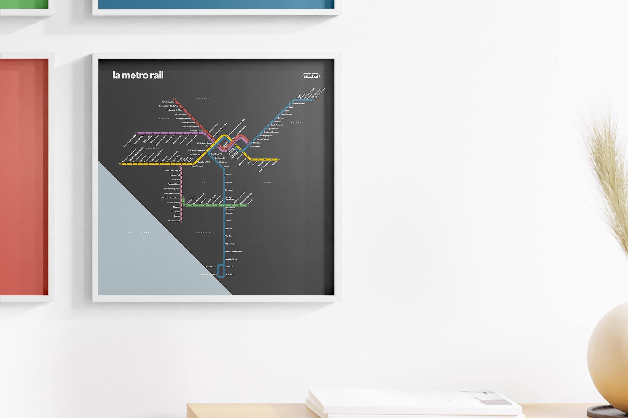 LA Metro Rail Dark Mode Map, Minimal Poster Print, Canvas Home Decor ...