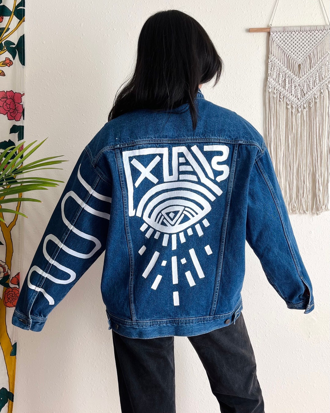 Upcycled Hand Painted Evil Eye 1990s Blue Denim Jean Jacket Unisex Size ...