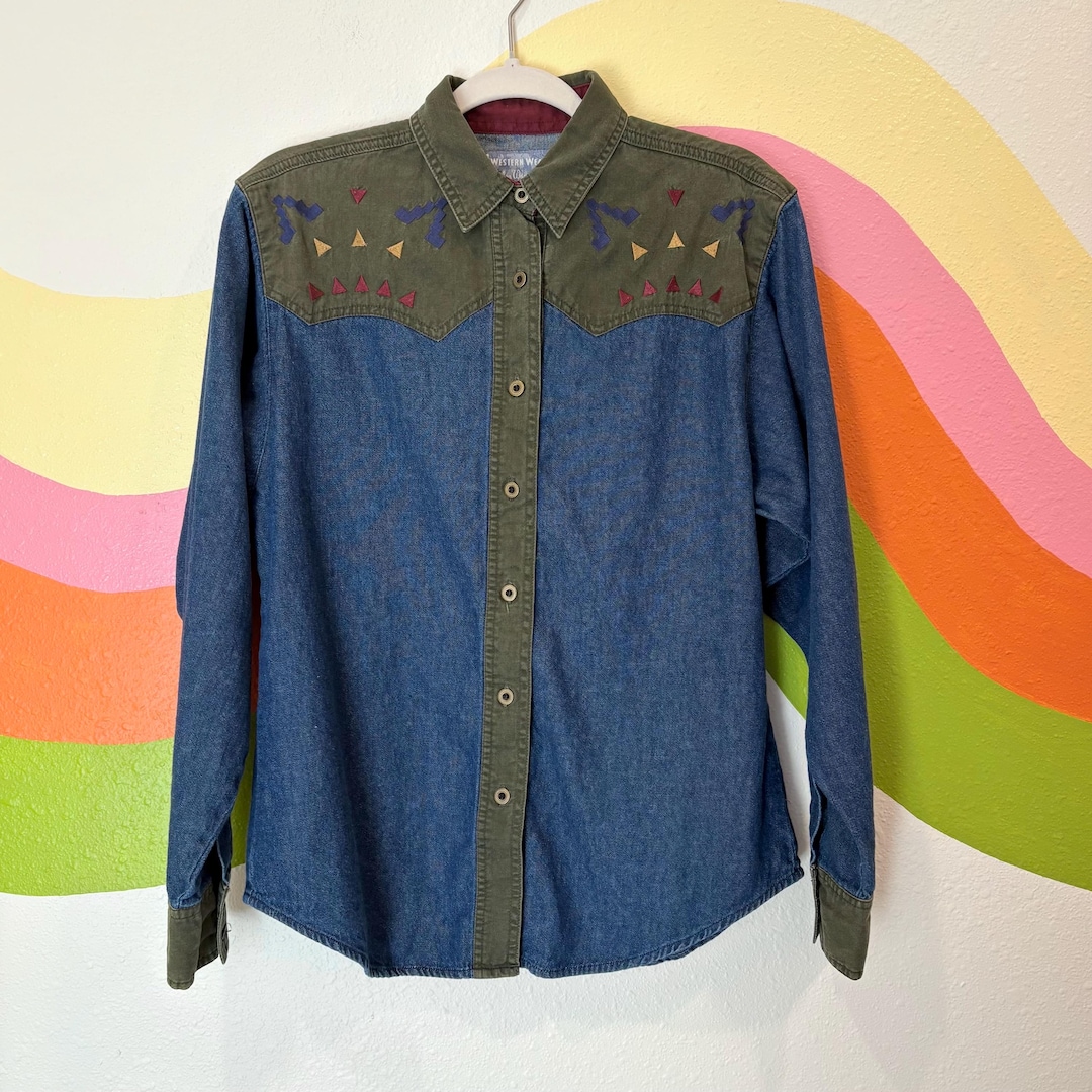 Vintage 1990 Wrangler, Embroidered Two-tone, Denim, Western Shirt, Size ...