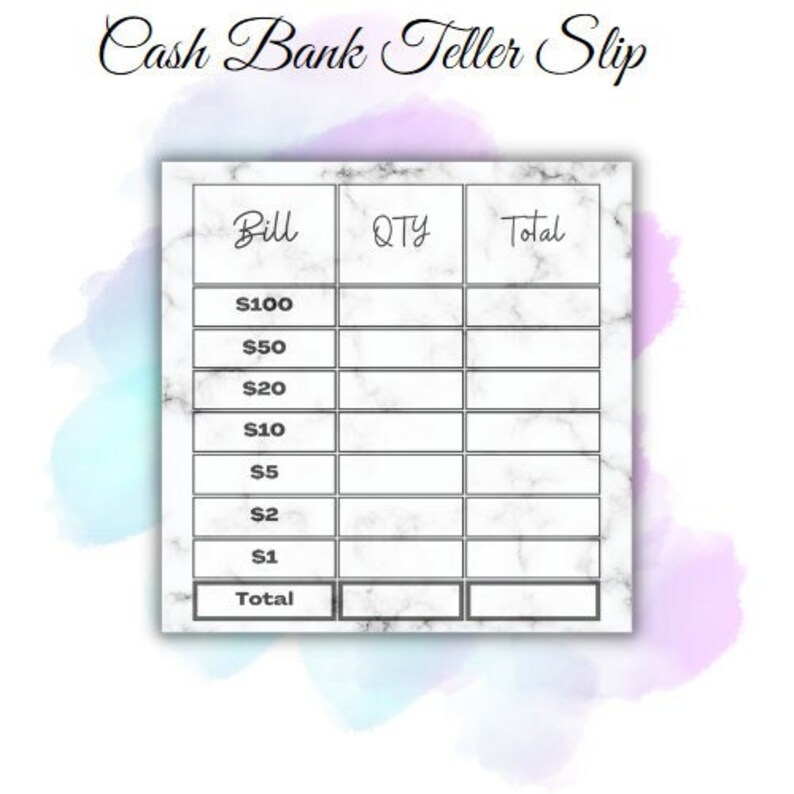 Cash Breakdown Teller Slip - Marble - PDF - Etsy
