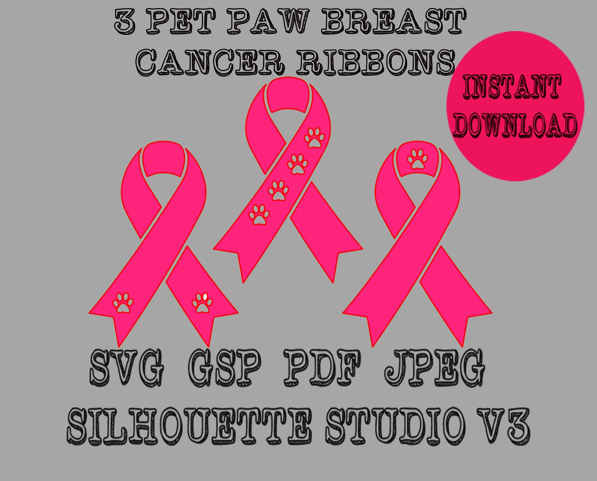 3 Cat Dog Pet Paw Breast Cancer Ribbon Svg Pdf Jpeg Gsp Silhouette ...