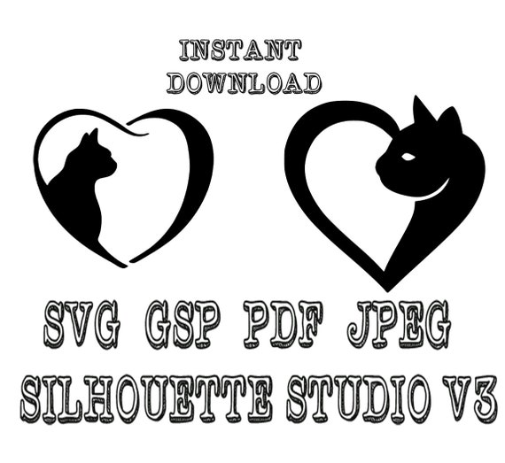 2 Cat Heart Vinyl Decal Svg Pdf Jpeg Gsp Silhouette Studio For | Etsy