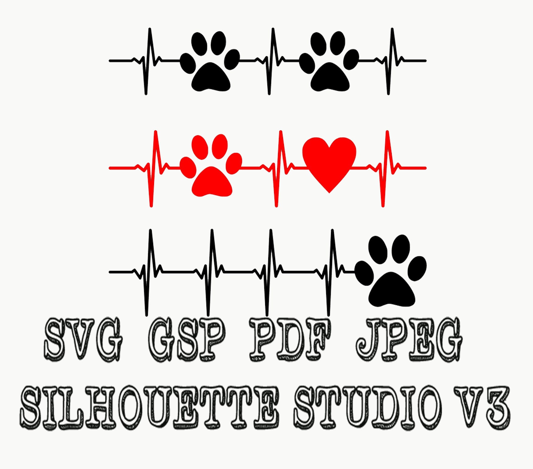 3 Piece Pet Paw Heartbeat Vinyl Decal Svg Pdf Jpeg Gsp Silhouette ...