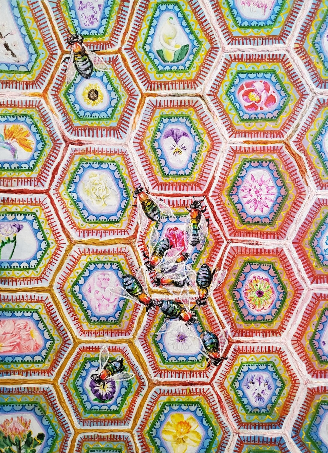 Rainbow Beehive Painting, Acrylic Bee Painting, Honeycomb Painting ...