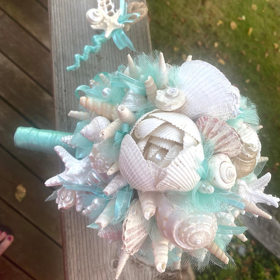 Natural Seashell Bridal Bouquet, Pearls and Gemstones Embellishments ...