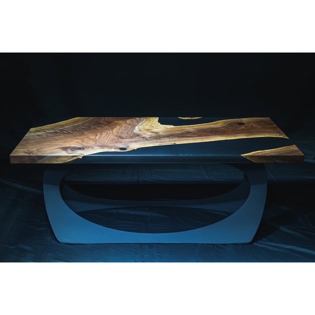 Black Walnut With Black Epoxy Coffee Table With Unique Flowyline Steel ...