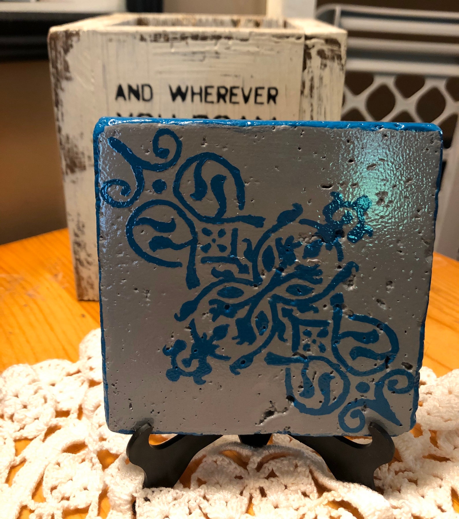 Hand Painted Stone Coasters With Decorative Scroll Design - Etsy