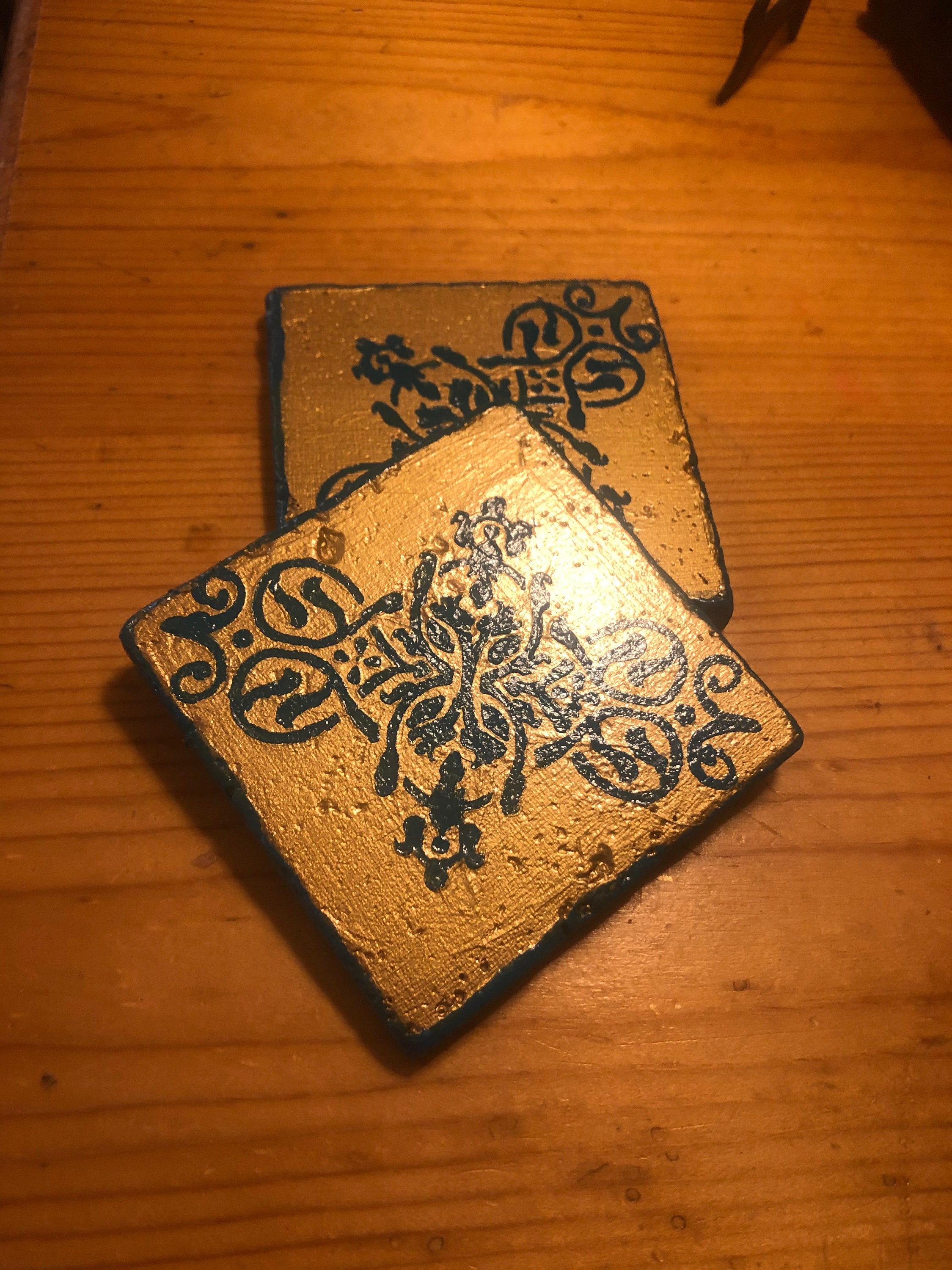 Hand Painted Stone Coasters With Decorative Scroll Design - Etsy