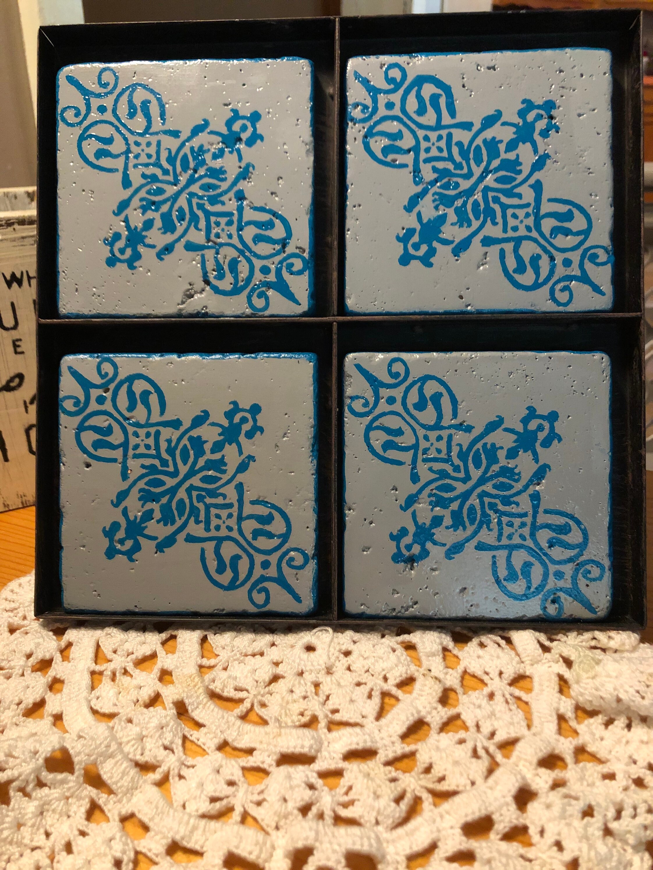 Hand Painted Stone Coasters With Decorative Scroll Design - Etsy