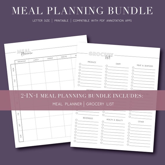 Meal Planning Bundle Meal Planner Grocery List - Etsy