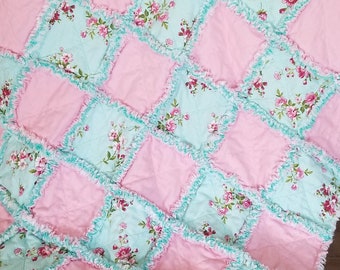 Rag Quilt, Baby Girl Rag Quilt, Pink Rose Floral Pattern Fabric ...