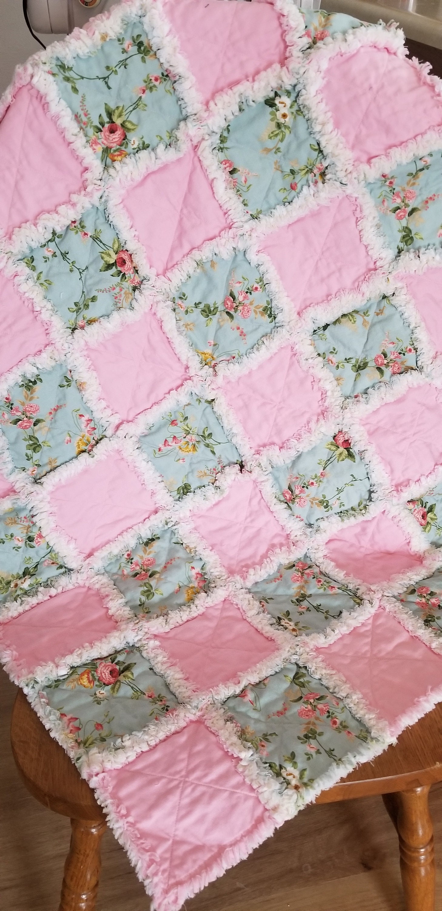 Rag Quilt, Baby Girl Rag Quilt, Pink Rose Floral Pattern Fabric ...