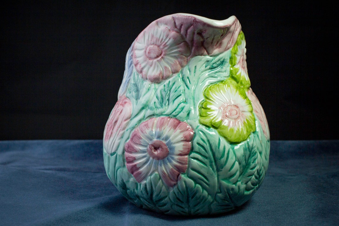 Antique Ceramic Pitcher With Raised Hand Painted Flowers and Leaves - Etsy