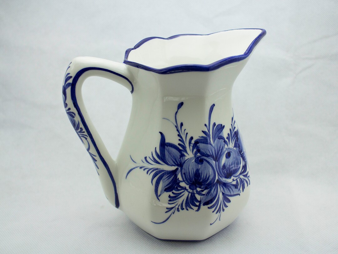 Hand Painted Ceramic Pitcher With Blue Floral Motif Vintage - Etsy