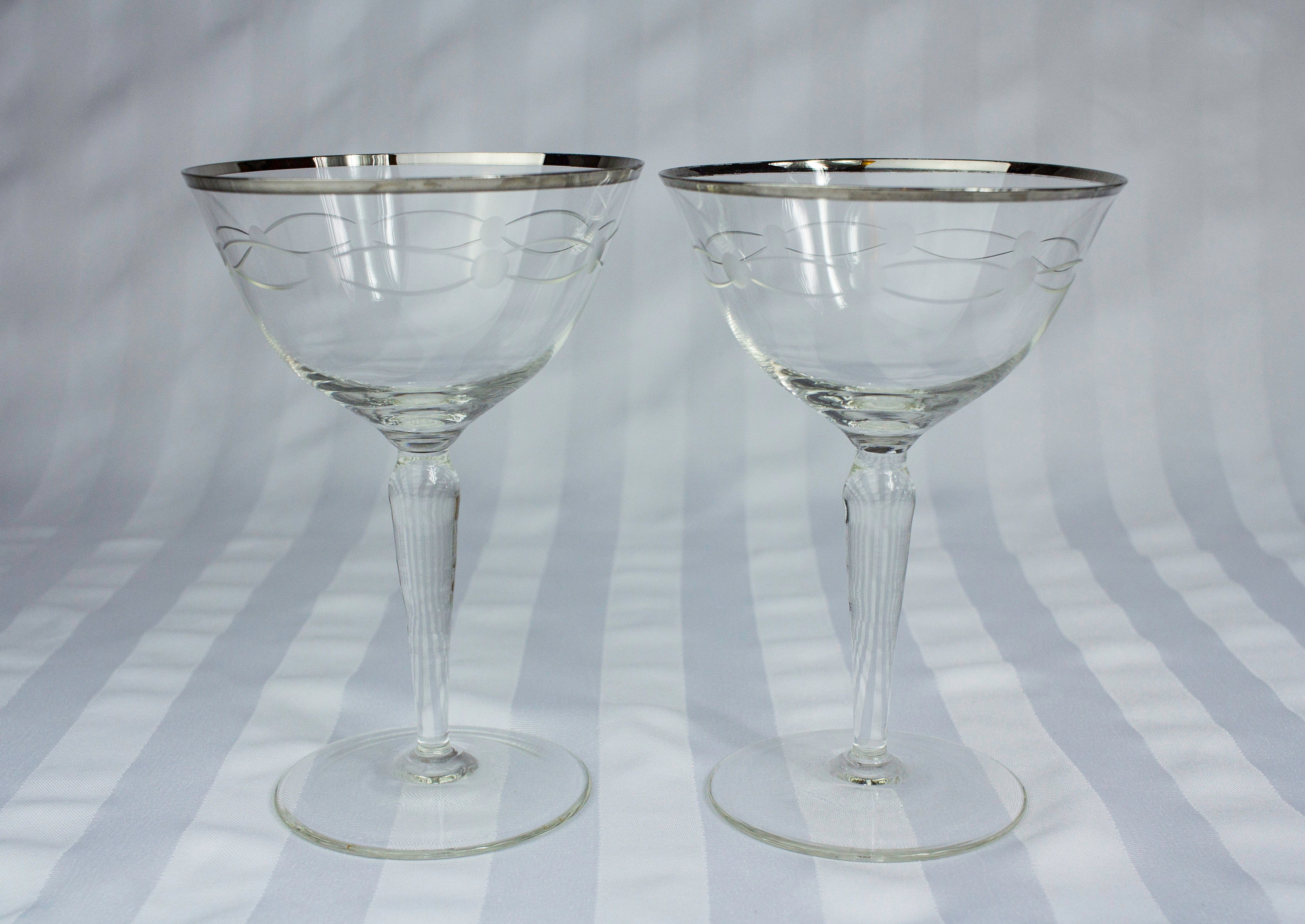 Set Of 11 Crystal Silver Rimmed Etched Glasses Vintage Stemware Etsy