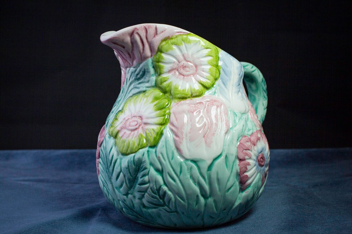 Antique Ceramic Pitcher With Raised Hand Painted Flowers and Leaves - Etsy