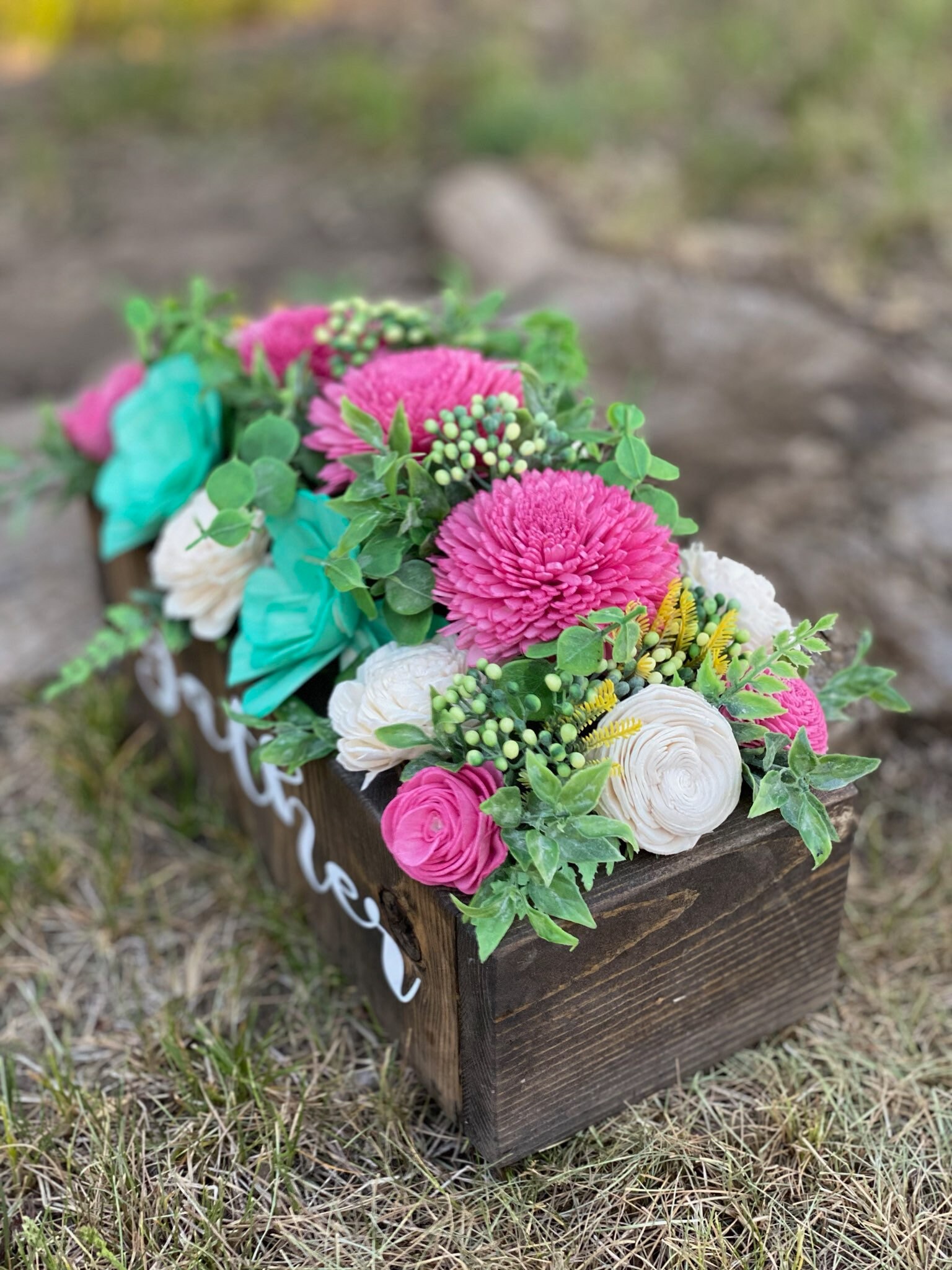 Sola Wood Flower, Wood Box Centerpiece, Pink and Mint Flowers, Wedding ...