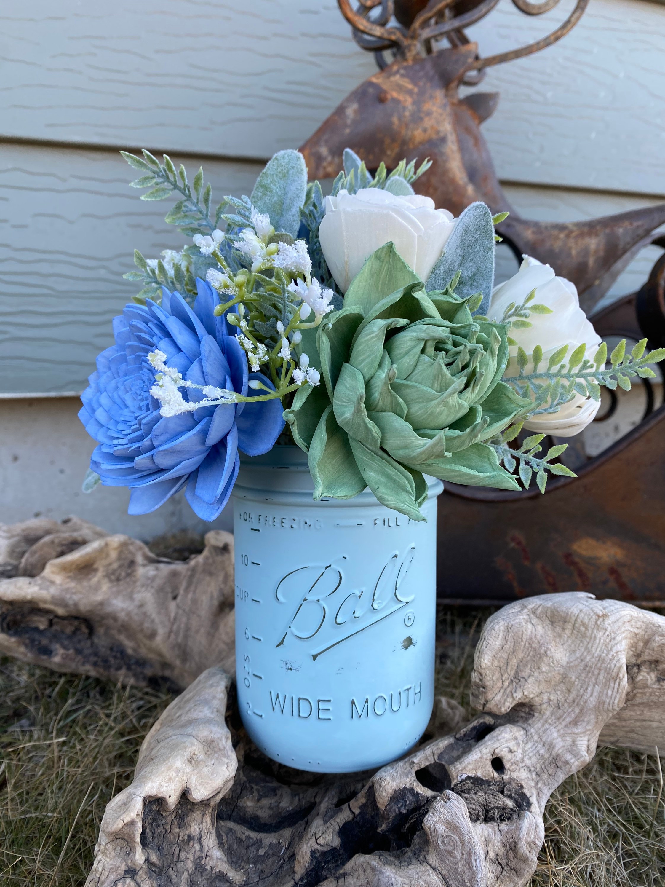 Mason Jar Decor Mason Jar Centerpiece Blue and Green Flower | Etsy