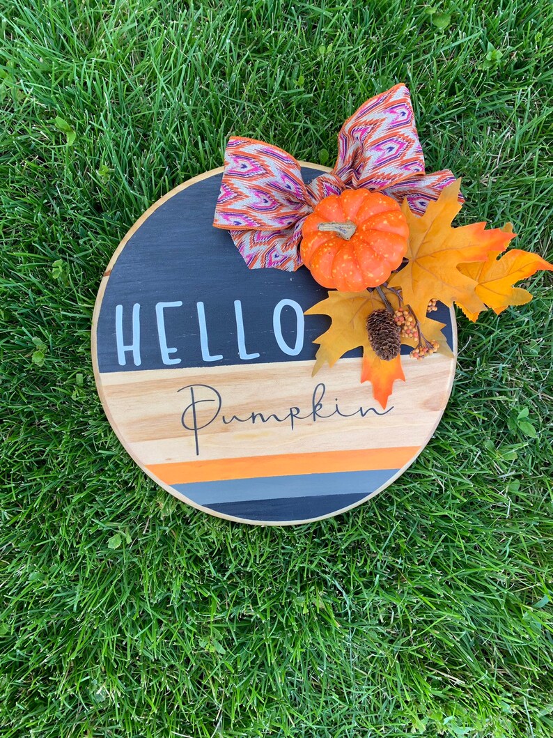 Round Hello Pumpkin Sign Front door Pumpkin Decor Hello Fall | Etsy